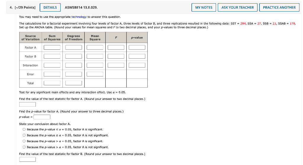 Solved 4. [-/29 Points] DETAILS ASWSBE14 13.E.029. MY NOTES | Chegg.com