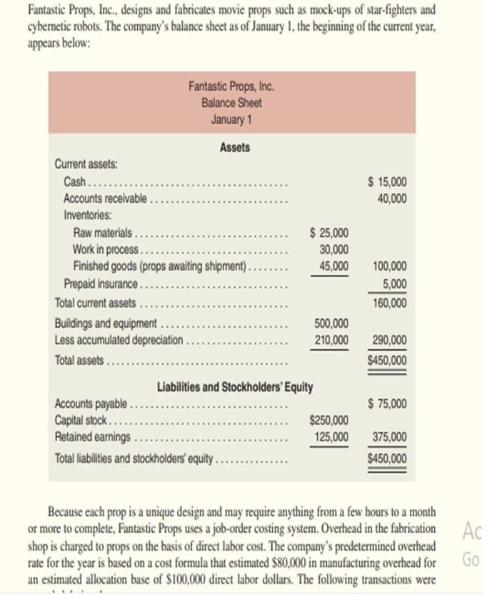 Solved Fantastic Props, Inc., designs and fabricates movie | Chegg.com