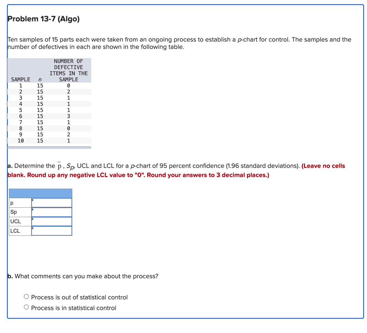 Solved Problem 13-7 (Algo)Ten samples of 15 ﻿parts each were | Chegg.com