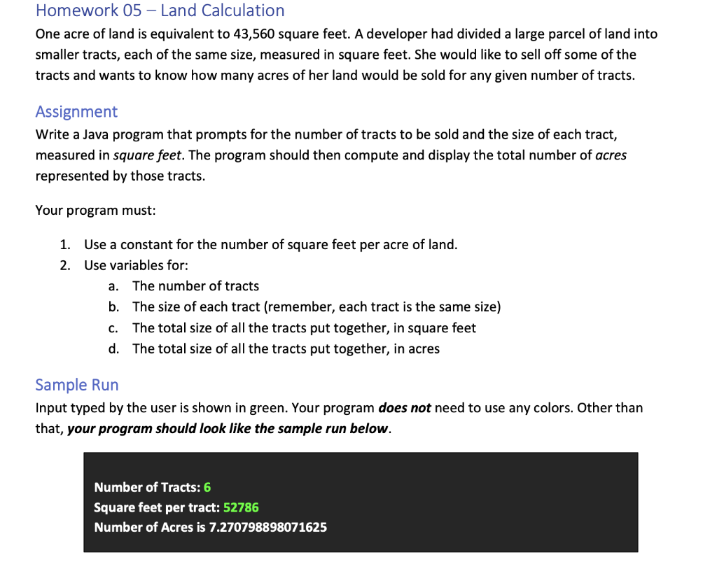 Solved Homework 05 Land Calculation One Acre Of Land Is Chegg