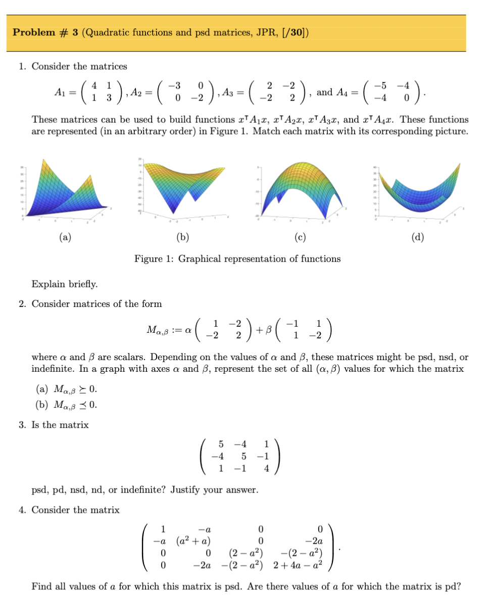 Solved Problem \# 3 (Quadratic functions and psd matrices, | Chegg.com