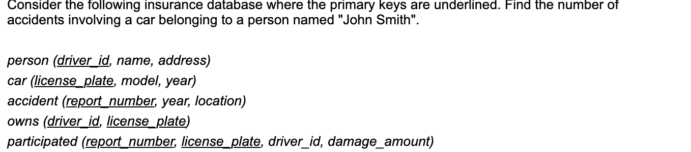 Solved Consider the following insurance database where the | Chegg.com