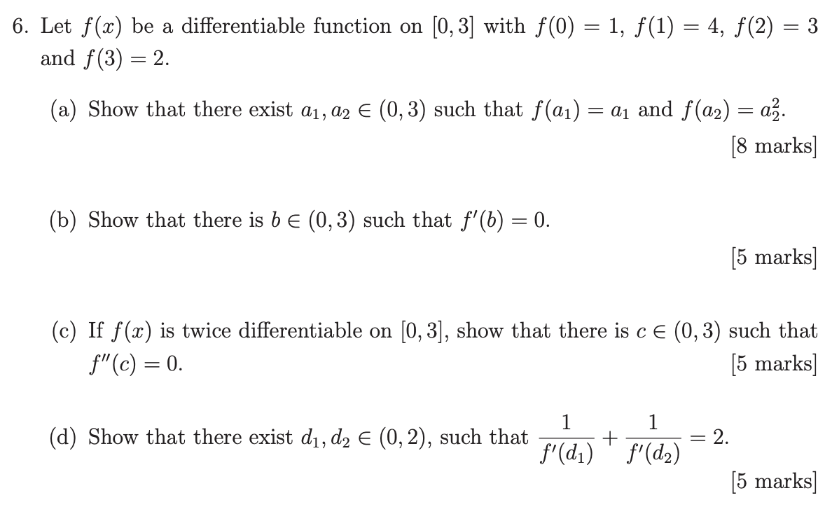 Solved 6 Let F X Be A Differentiable Function On [0 3]