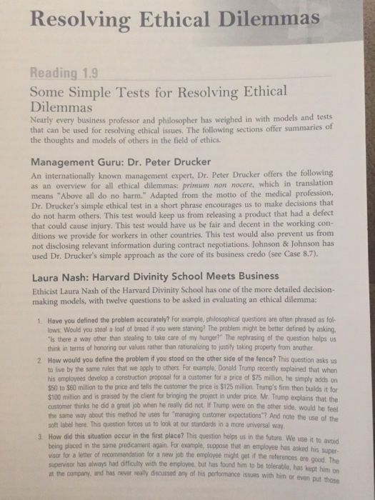 Resolving Ethical Dilemmas Reading 1.9 Some Simple | Chegg.com