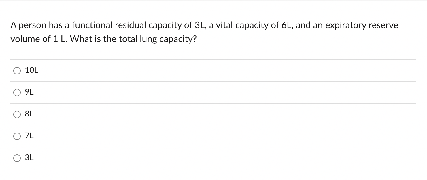 Solved A person has a functional residual capacity of 3L, a | Chegg.com