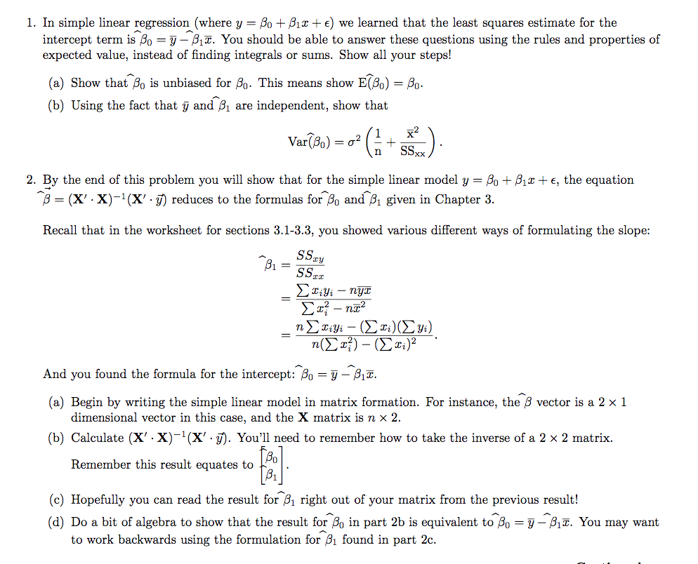 Solved 1. In simple linear regression (where y = Bo + B12 + | Chegg.com