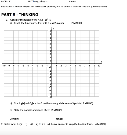 Solved MCR3UE UNIT 3 - Quadratics Name: Instructions - | Chegg.com