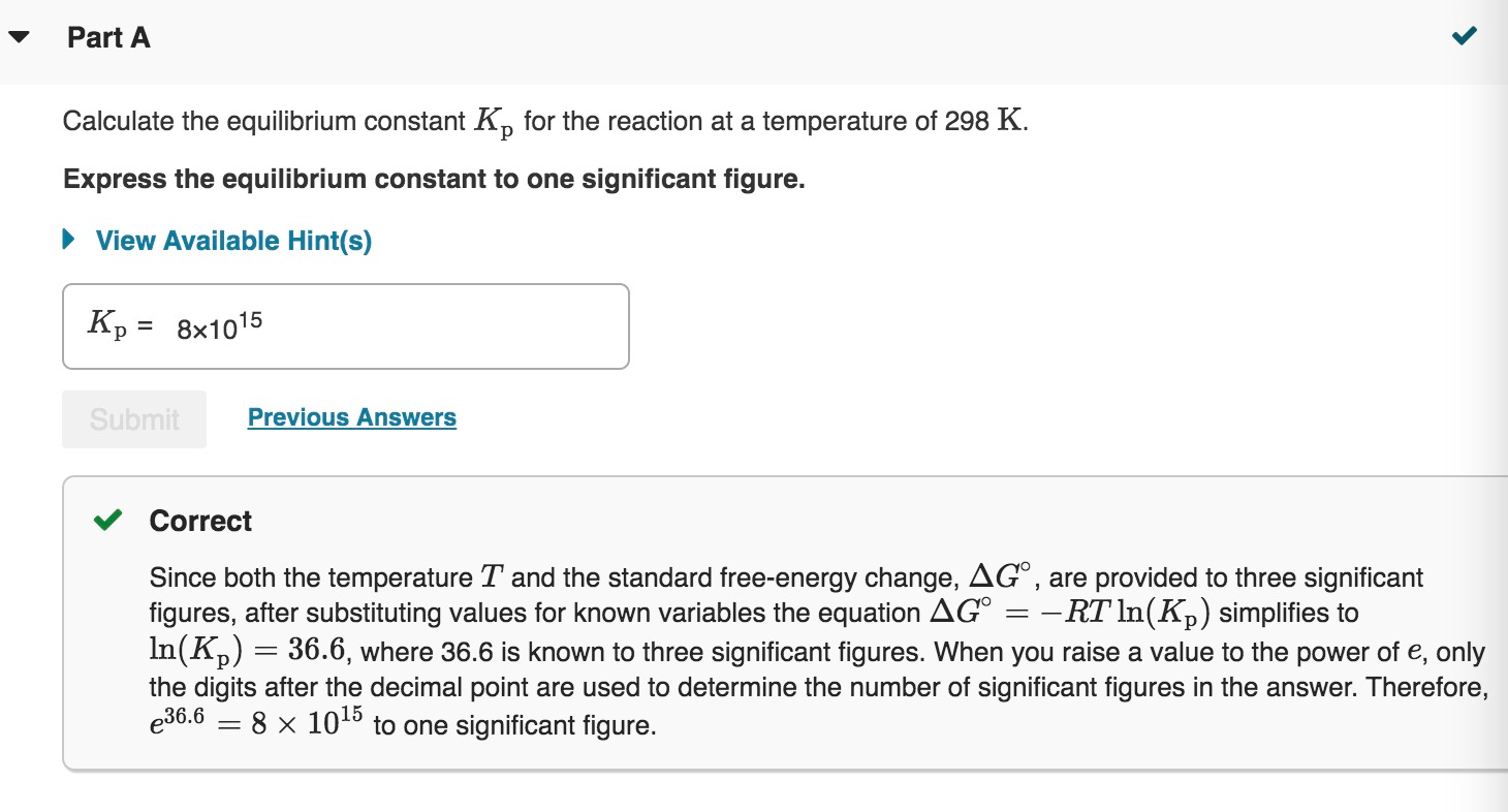 Solved Part A Calculate The Equilibrium Constant K For The