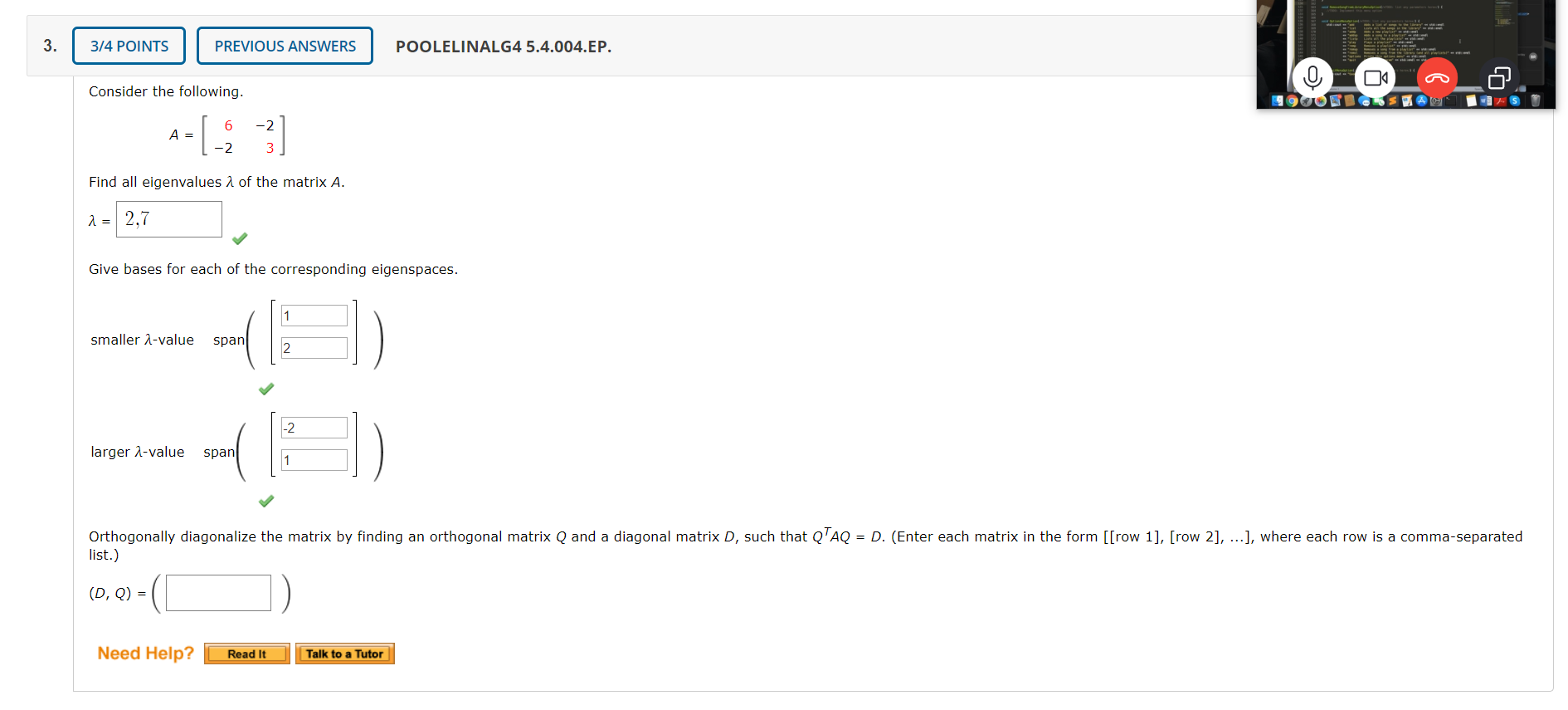 Solved 3. 3/4 POINTS || PREVIOUS ANSWERS POOLELINALG4 | Chegg.com