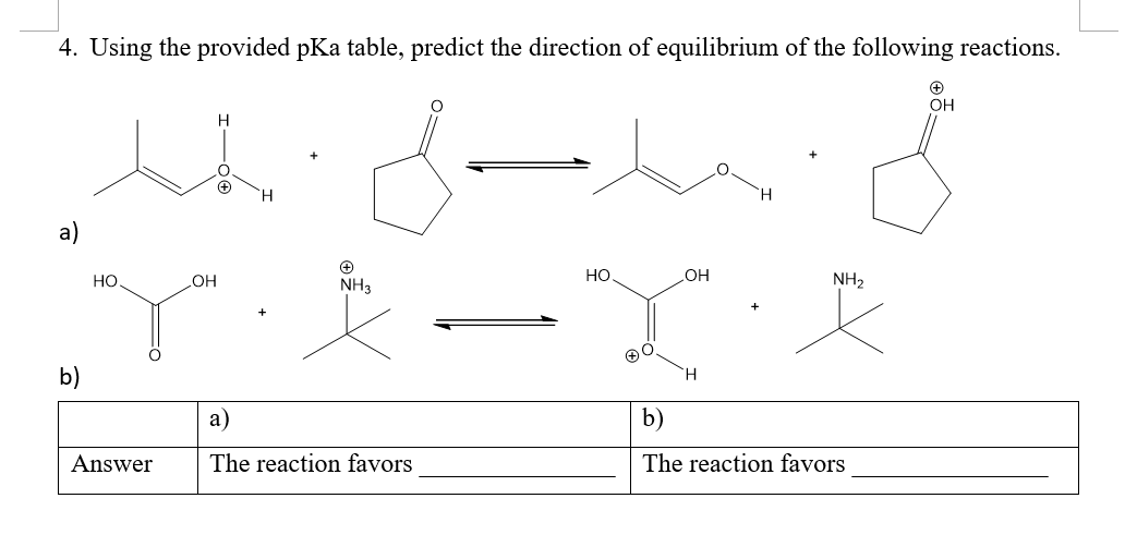 Solved 4. Using the provided pKa table, predict the | Chegg.com