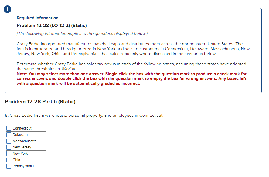 Solved Required information Problem 12-28 (LO 12-2) (Static) | Chegg.com