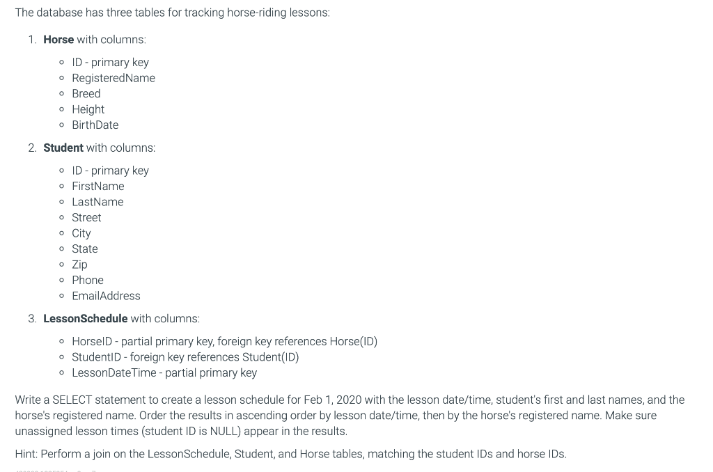 [Solved]: The database has three tables for tracking horse