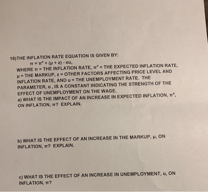 Solved 18)THE INFLATION RATE EQUATION IS GIVEN BY: WHERE π | Chegg.com