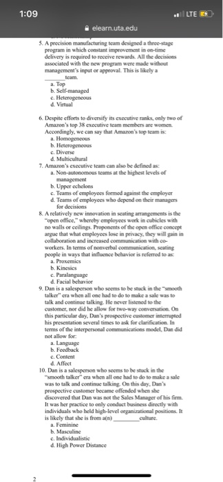Solved 1:08 LTE a elearn.uta.edu Communication/Work Teams | Chegg.com