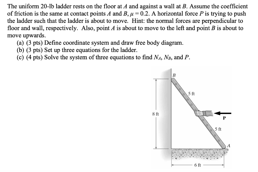 Solved The uniform 20-lb ladder rests on the floor at A and | Chegg.com