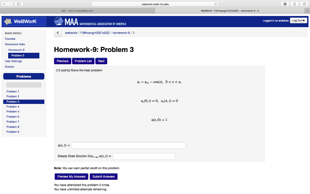 Solved webwork.math.ttu.edu Mail Karim.Abbasttu.edu WeBWork | Chegg.com