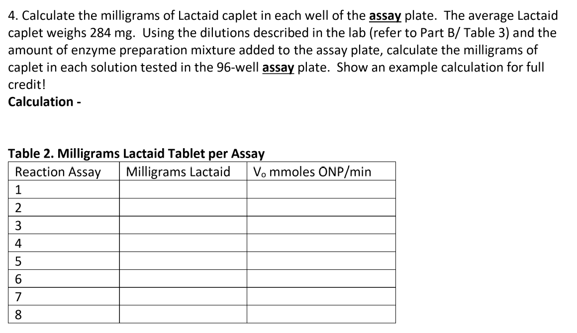 4. Calculate the milligrams of Lactaid caplet in each | Chegg.com