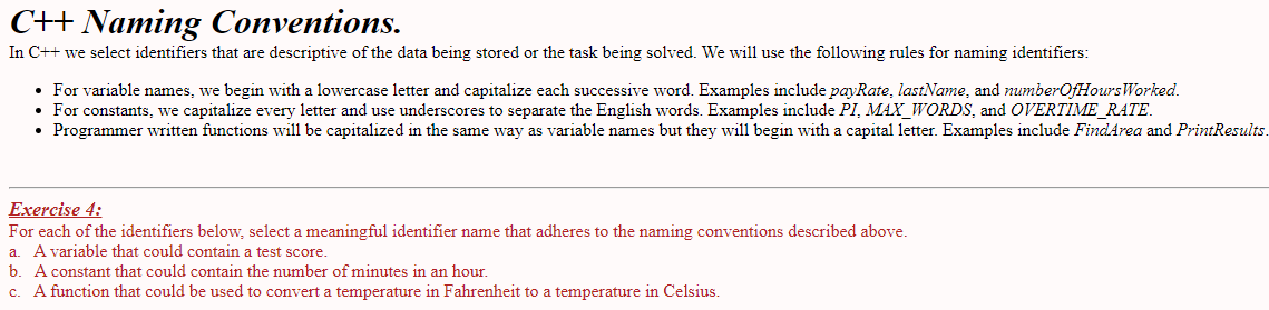 Solved C++ Naming Conventions. In C++ we select identifiers | Chegg.com