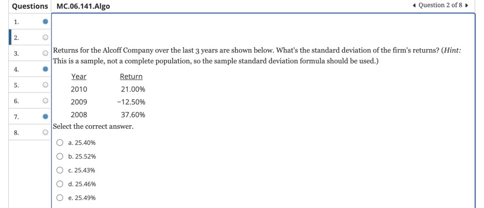 Solved Returns for the Alcoff Company over the last 3 years | Chegg.com