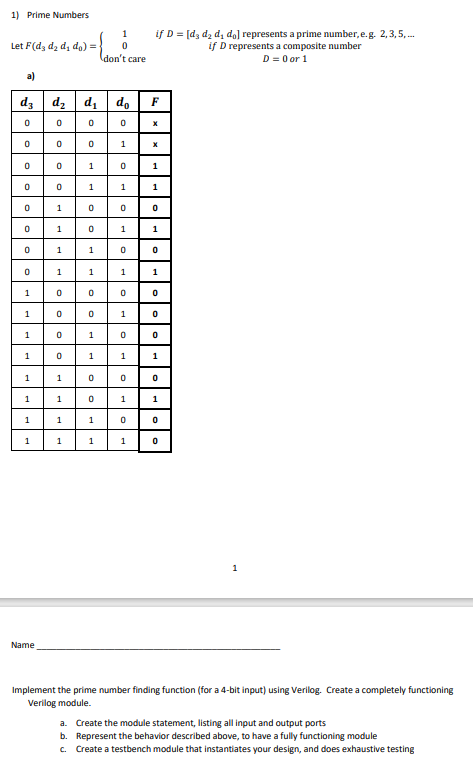 Solved 1) Prime Numbers Let F(d3d2d1d0)=⎩⎨⎧10 don’t care if | Chegg.com