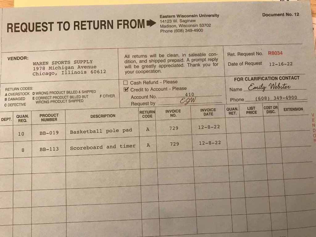 Solved Received sales return request No.R8043 (Doc. No. 12) | Chegg.com