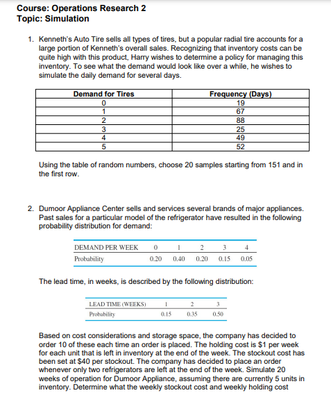 Solved Course: Operations Research 2 Topic: Simulation 1. | Chegg.com