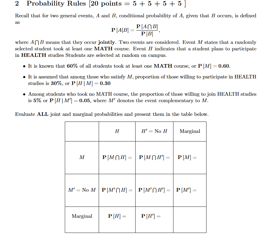 Solved 2 Probability Rules [20 points =5+5+5+5] Recall that | Chegg.com
