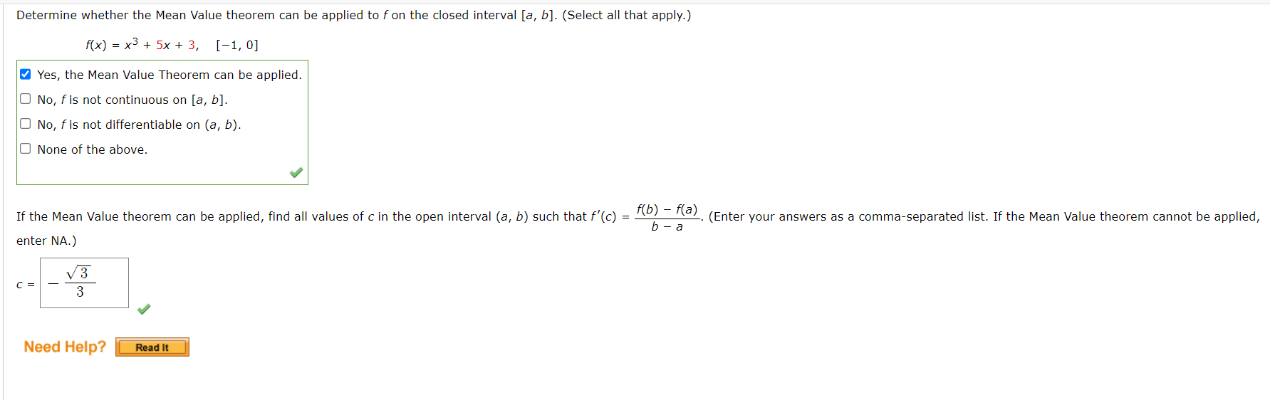Solved f(x)=x3+5x+3,[−1,0] Yes, the Mean Value Theorem can | Chegg.com