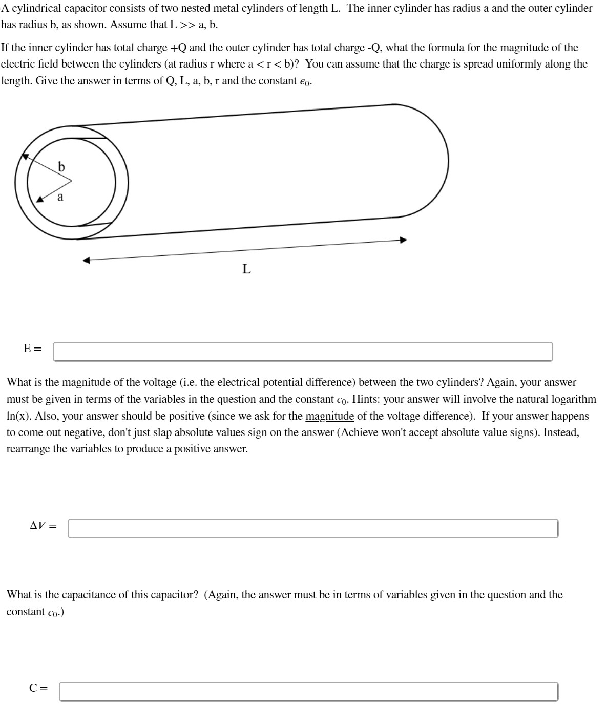 Solved A cylindrical capacitor consists of two nested metal | Chegg.com