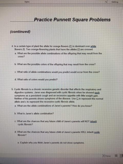 Solved Styles Editing Practice Punnett Square Problems | Chegg.com