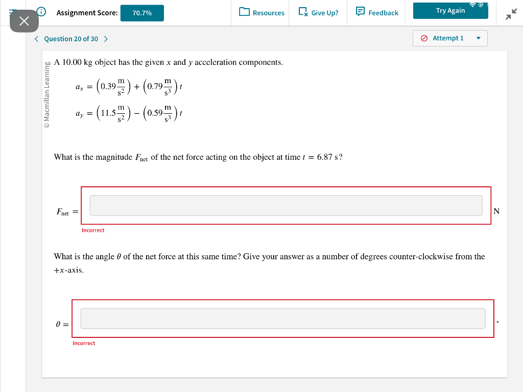 Solved A 10.00 kg object has the given x and y acceleration | Chegg.com