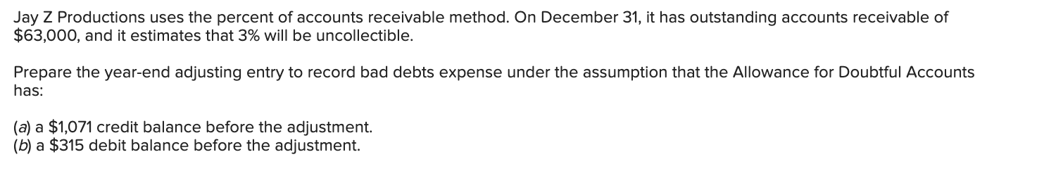 Solved Jay Z Productions uses the percent of accounts | Chegg.com