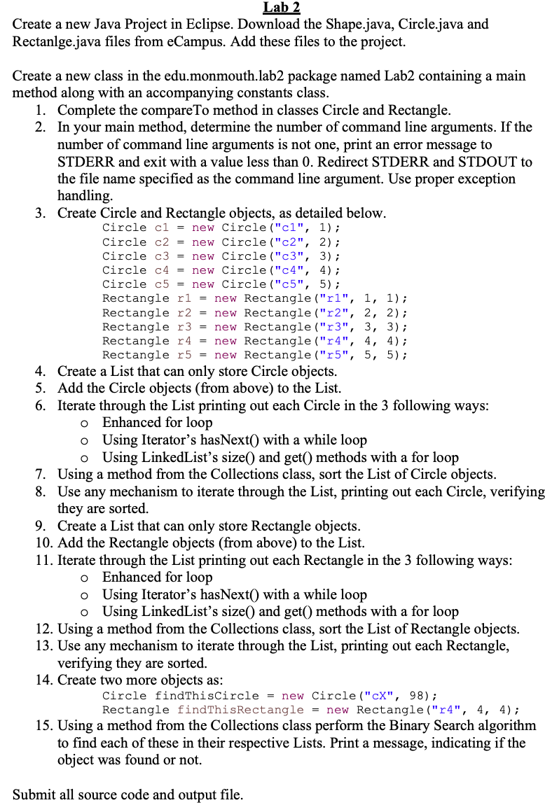 Solved Lab 2 Create a new Java Project in Eclipse. Download | Chegg.com