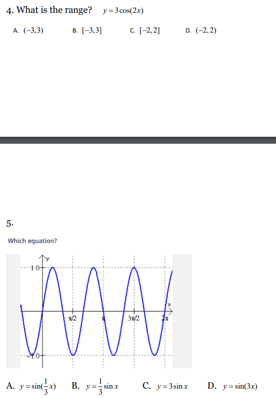 Solved 4. What is the range? y= 3 cos(2x) A. (-3,3) B. | Chegg.com