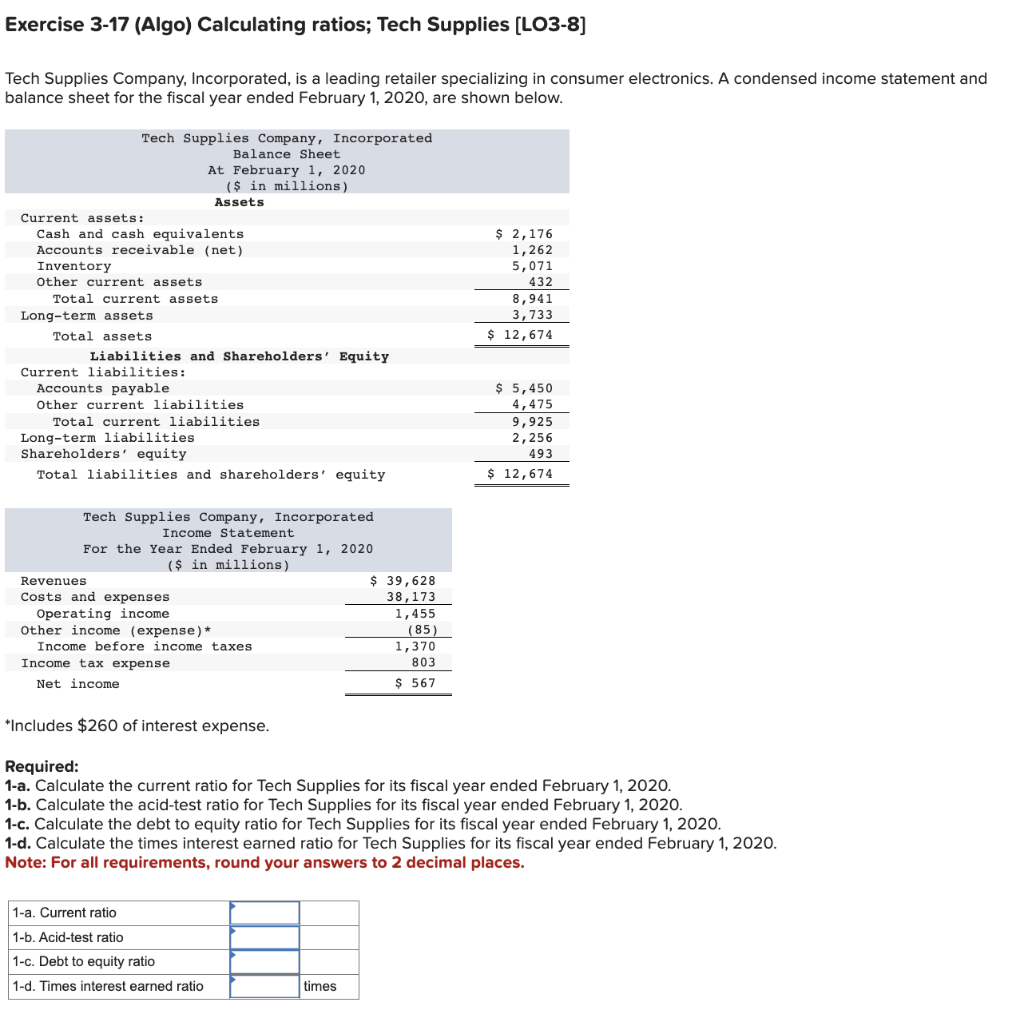 Solved Exercise 3-17 (Algo) Calculating ratios; Tech | Chegg.com Solved Exercise 3-17 (Algo) Calculating ratios; Tech | Chegg.com