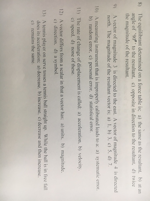 Solved The equilibrant determined on a force table is: the | Chegg.com