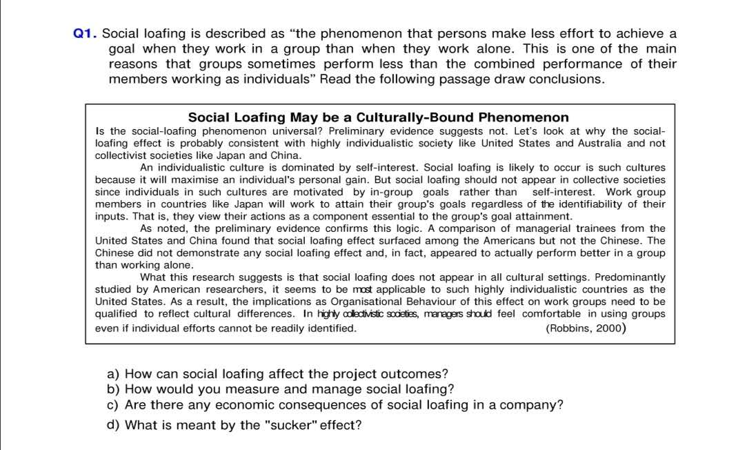 Solved Q1. Social loafing is described as "the phenomenon | Chegg.com