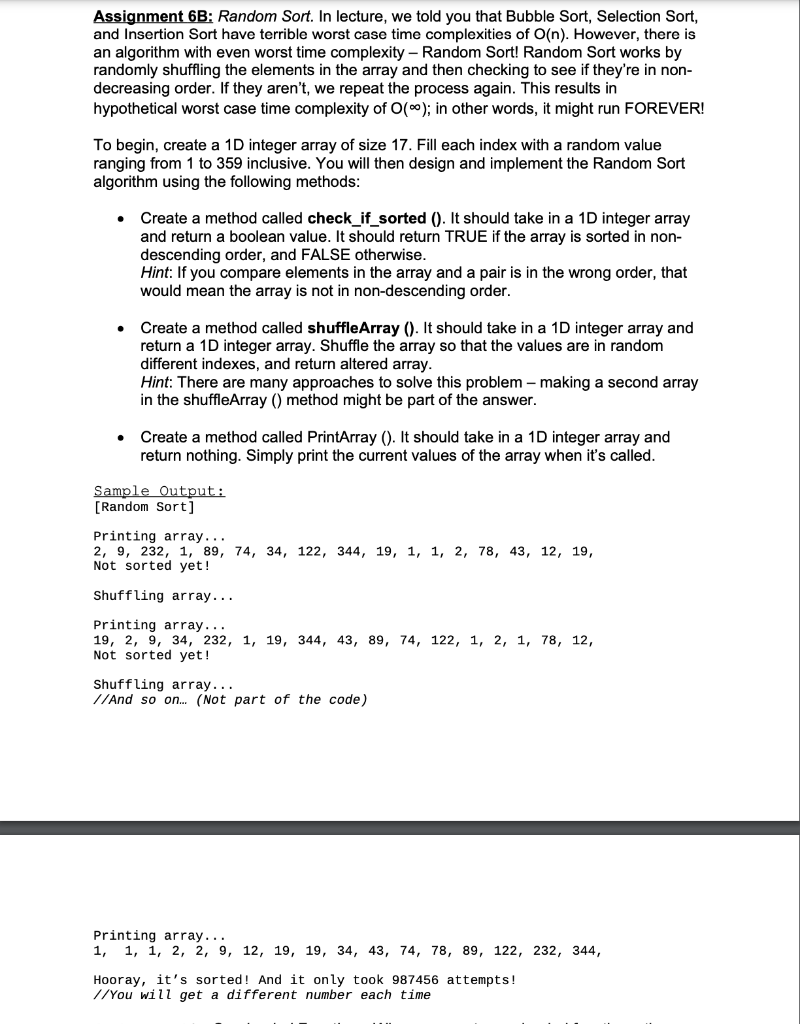 Solved Assignment 6B: Random Sort. In lecture, we told you | Chegg.com