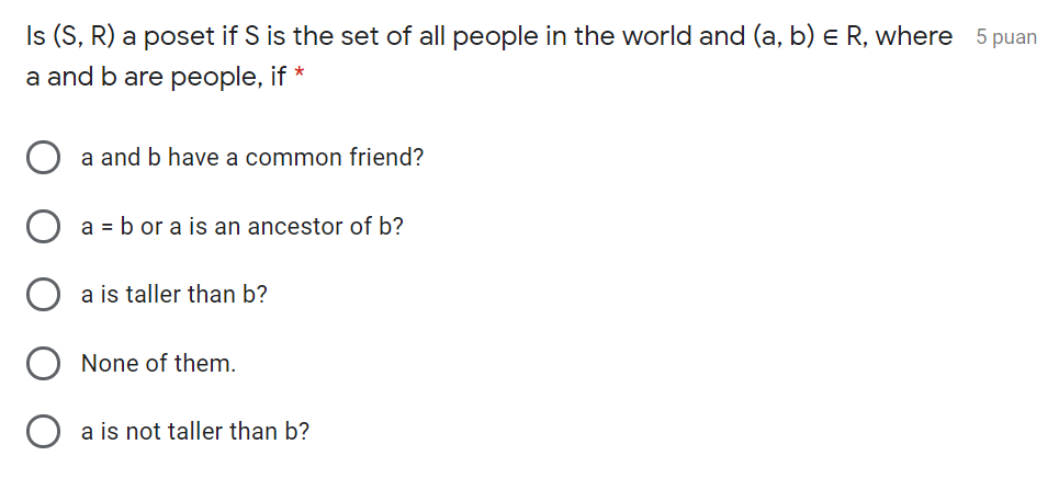 Solved Is (S, R) a poset if S is the set of all people in | Chegg.com