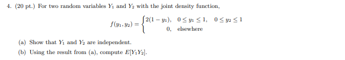 Solved 4. (20 pt.) For two random variables Yi and Y2 with | Chegg.com