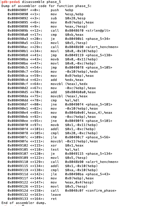 [gdb-peda$ disassemble phase_5 Dump of assembler code | Chegg.com