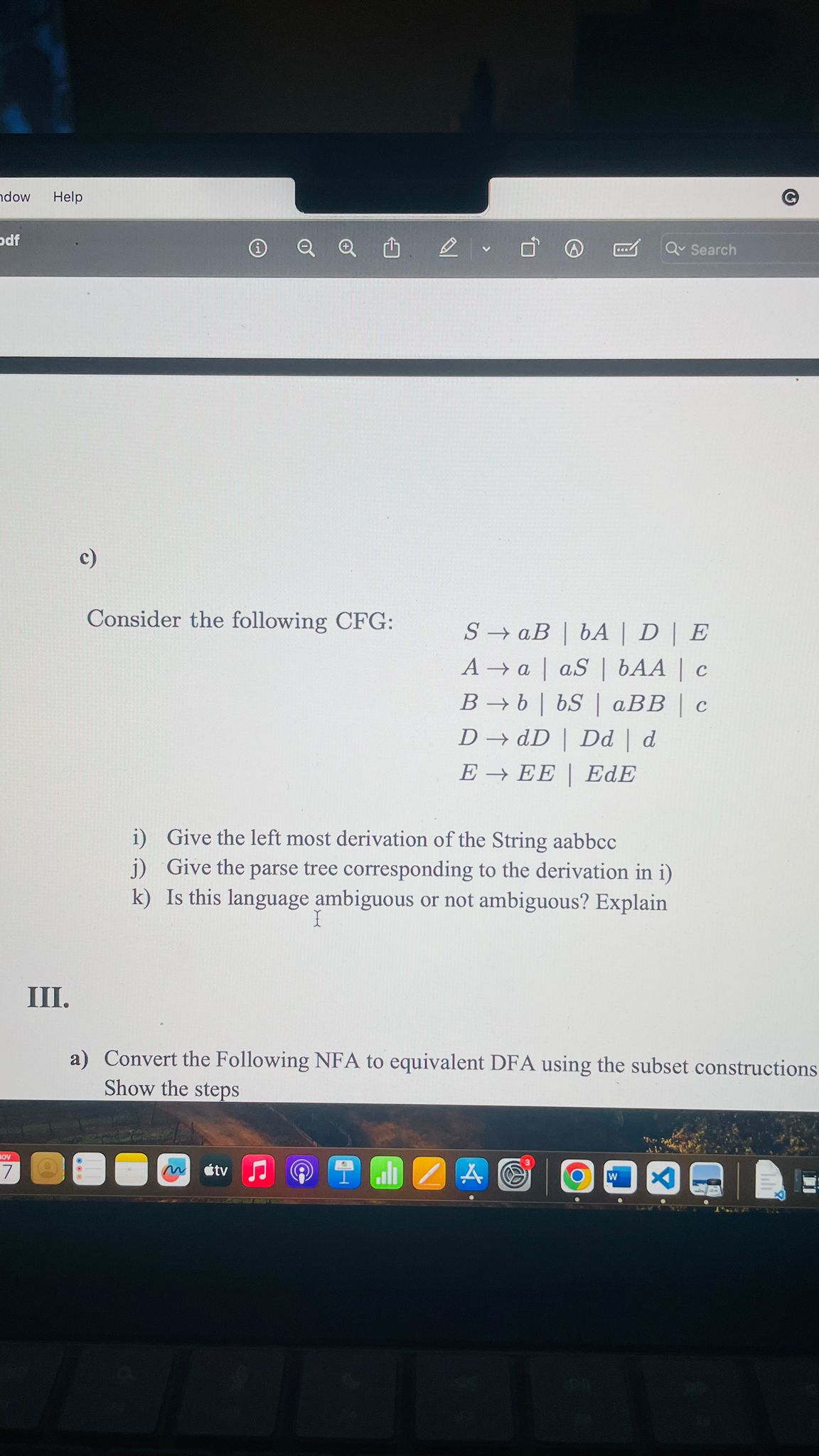 Solved c) Consider the following CFG: {:[S rarr | Chegg.com