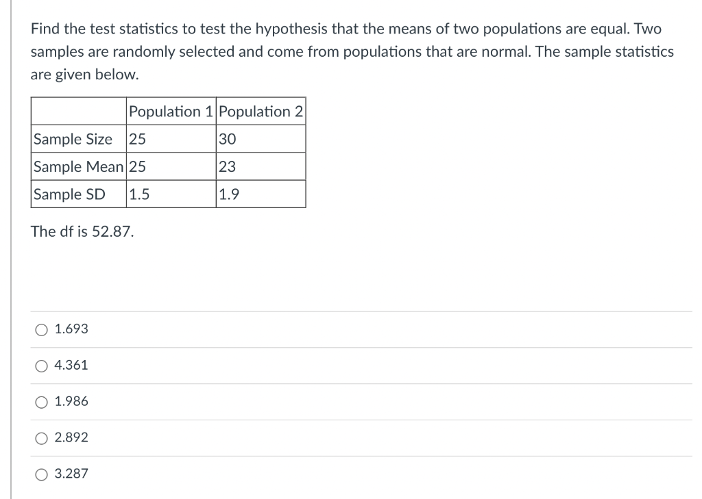 Solved Find The Test Statistics To Test The Hypothesis That