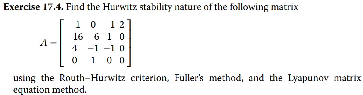 Exercise 17.4. Find the Hurwitz stability nature of | Chegg.com