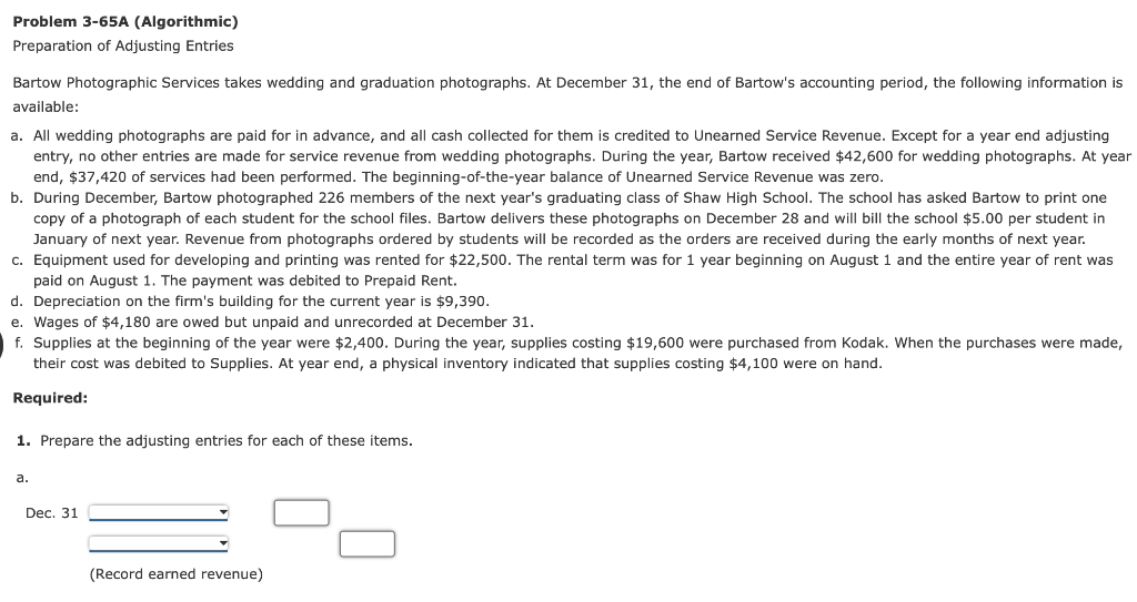 Solved Problem 3-65A (Algorithmic) Preparation of Adjusting | Chegg.com