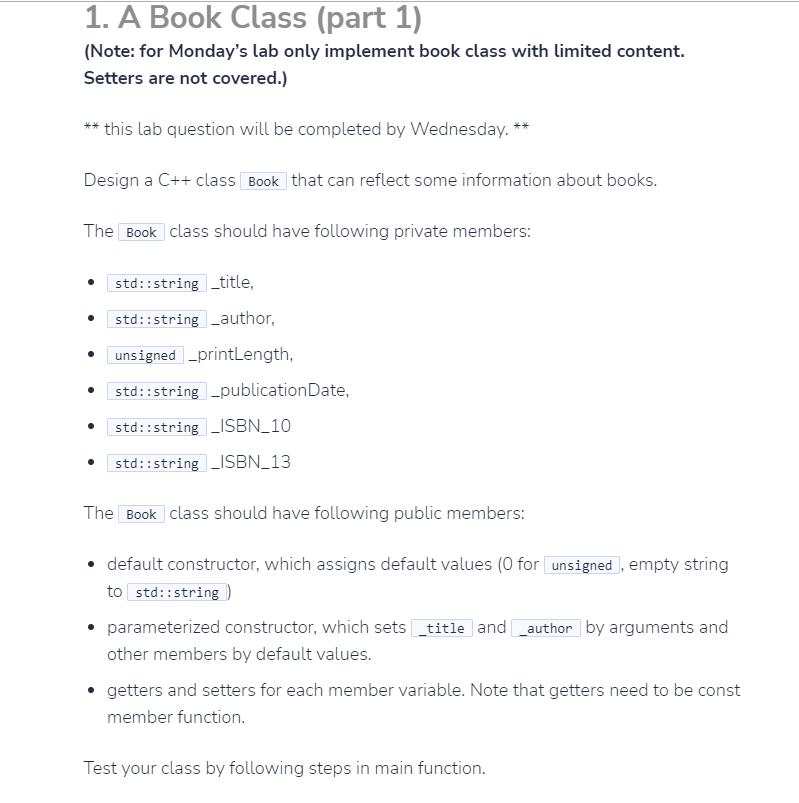 Solved 1. A Book Class (part 1) (Note: for Monday's lab only | Chegg.com