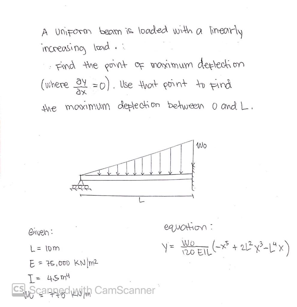 Solved A uniform beam is loaded with a linearly increasing | Chegg.com