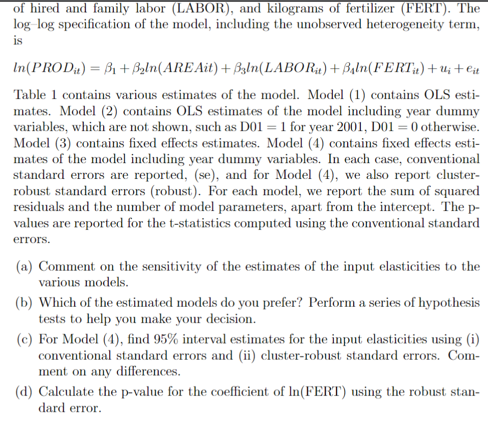 Solved Using 352 observations on 44 rice farmers in the | Chegg.com