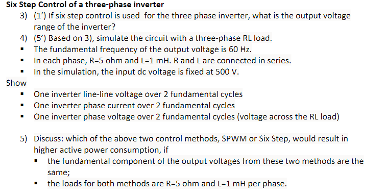 Solved Six Step Control of a three-phase inverter 3) (1') If | Chegg.com
