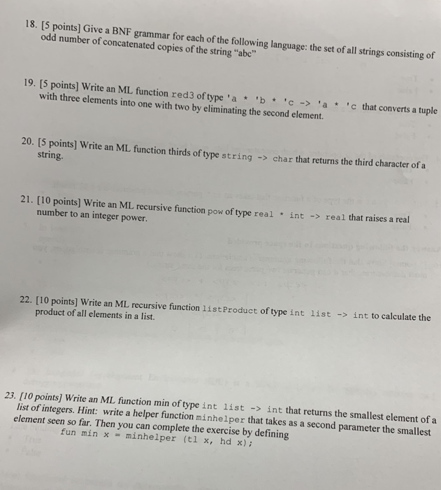 Solved 18. [5 points] Give a BNF grammar for each of the | Chegg.com